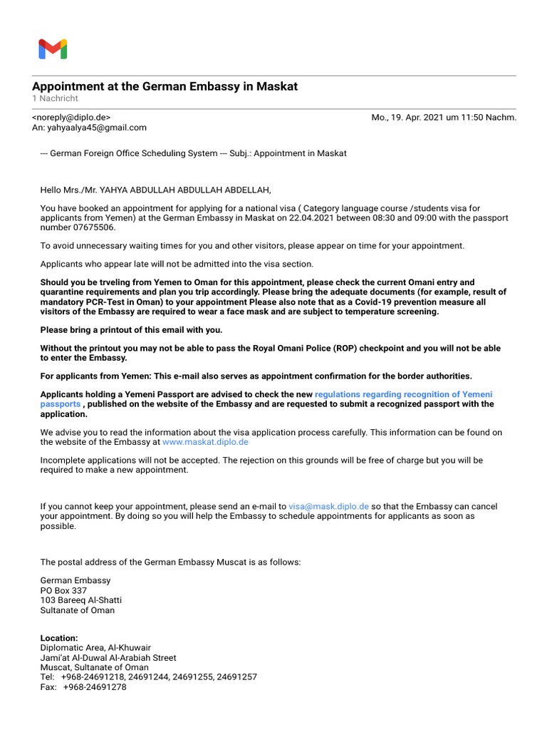 Appointment at The German Embassy in Maskat: 1 Nachricht | PDF | Travel ...