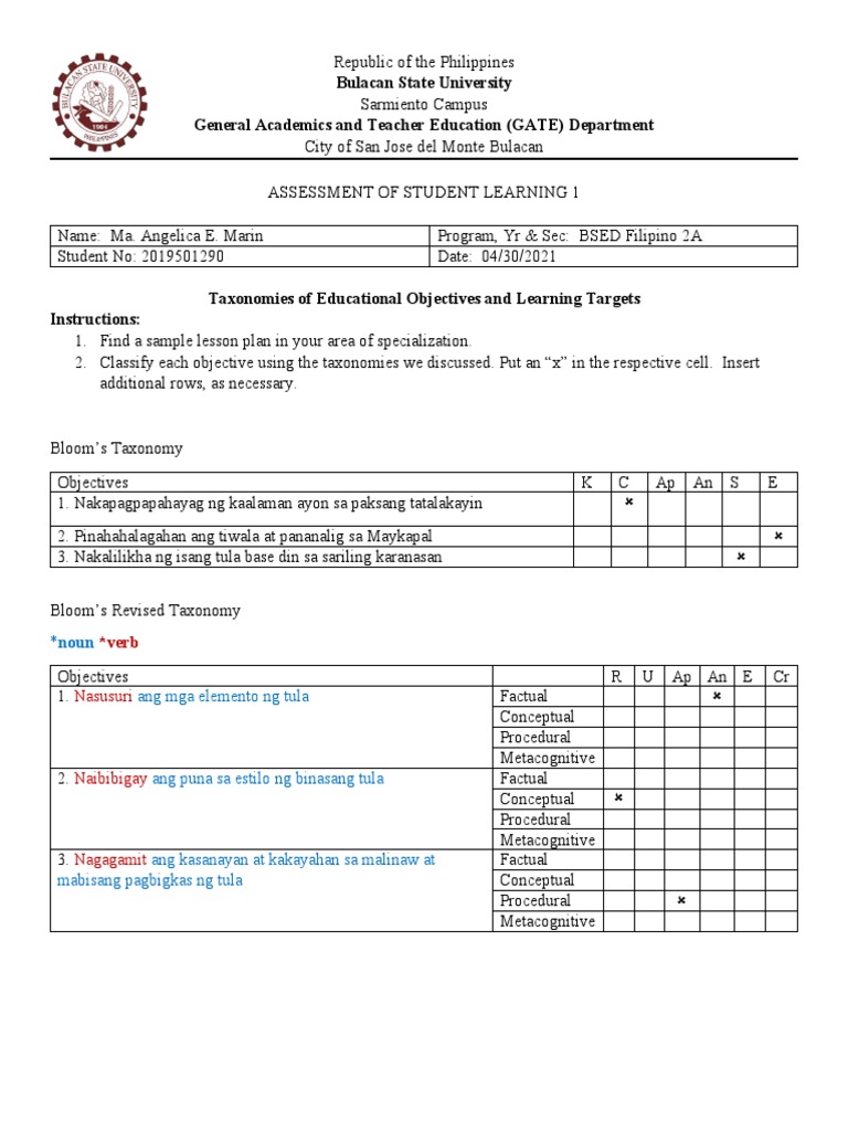 Taxonomy and Learning Targets | PDF