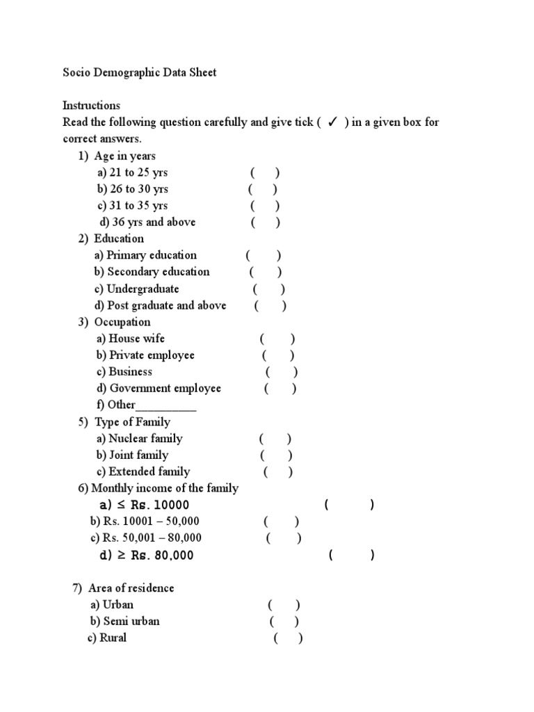 Socio Demographic Data Sheet Template | PDF