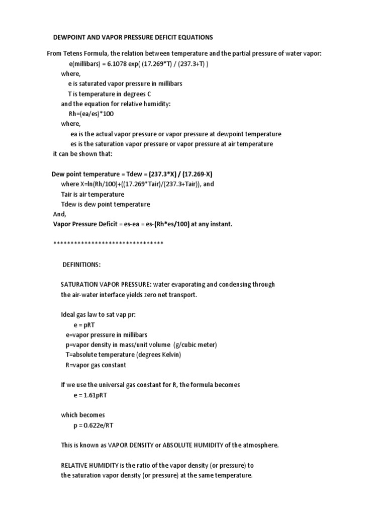 Dewpoint and Vapor Pressure Deficit Equations | PDF | Relative Humidity ...