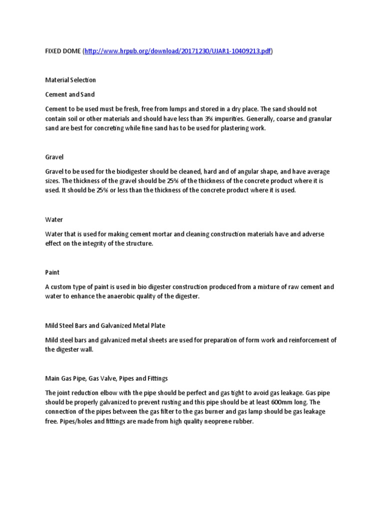Fixed Dome Material Selection | PDF | Anaerobic Digestion | Biogas