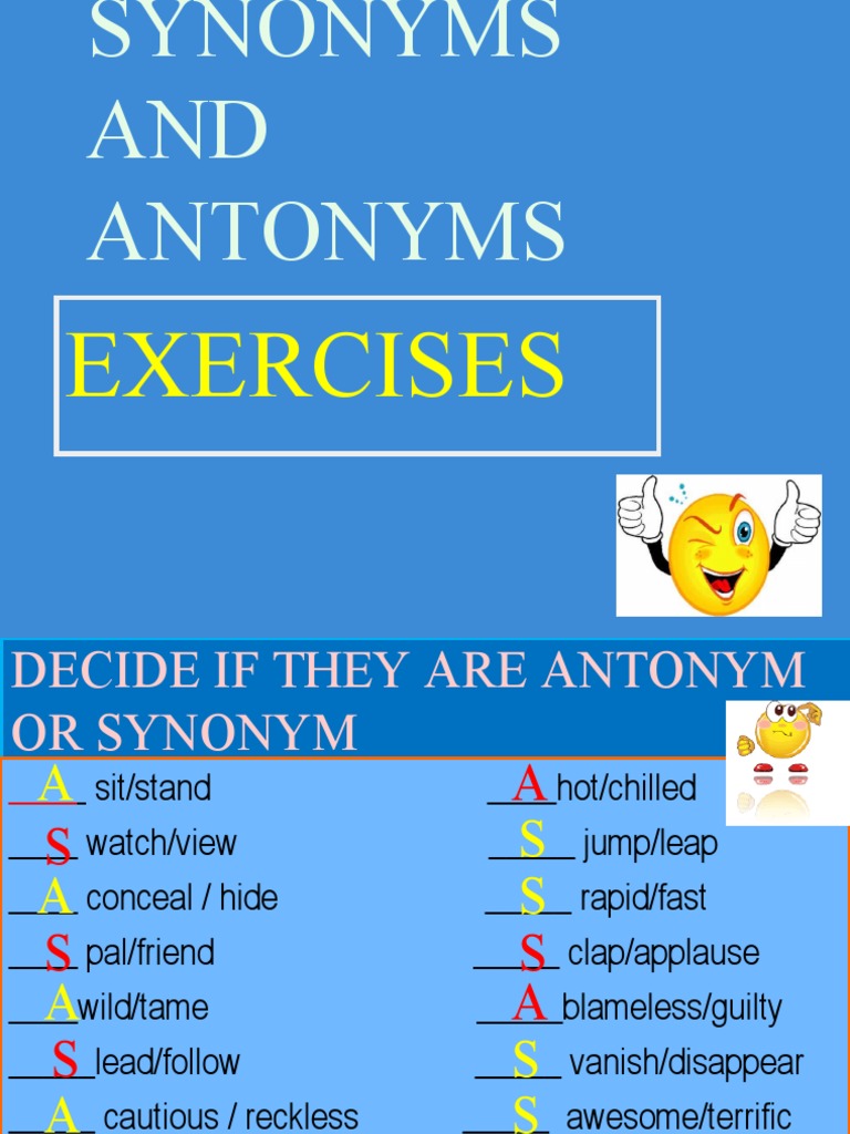Synonyms and Antonyms Exercises - 63133 | PDF