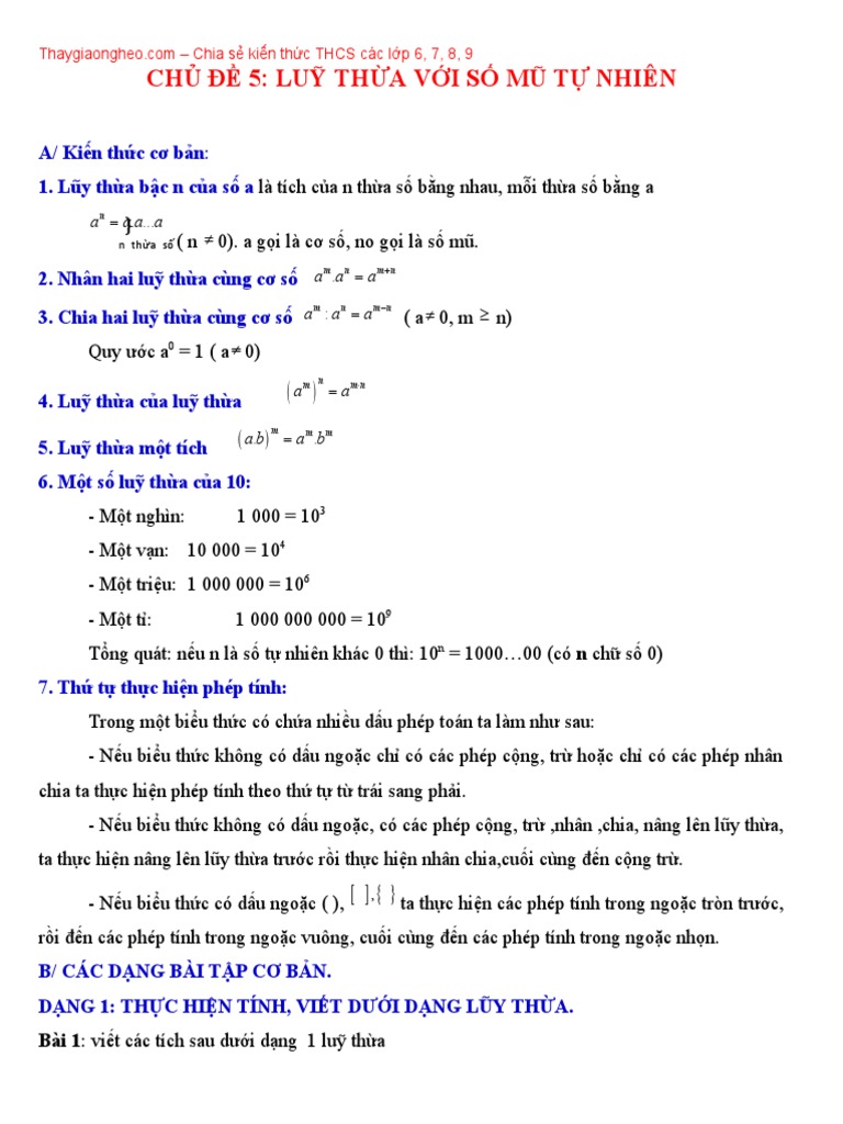 Chu de 5 Luy Thua Voi So Mu Tu Nhien Thu Tu Phep Tinh | PDF