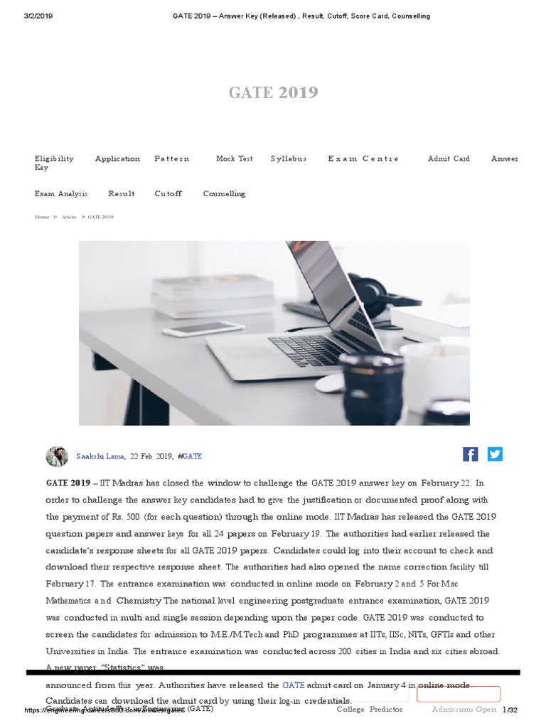 GATE 2019: GATE 2019 - IIT Madras Has Closed The Window To Challenge The GATE 2019 Answer Key On ...