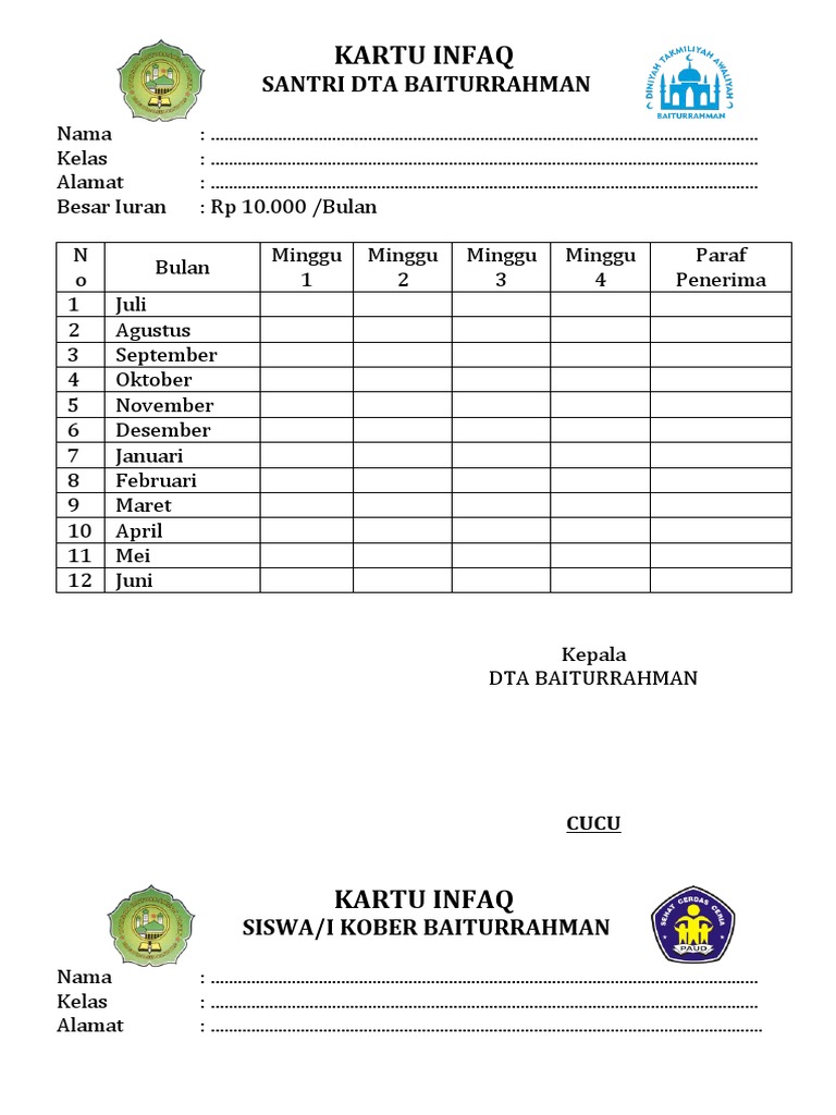 Kartu Infaq Santri Baiturrahman | PDF