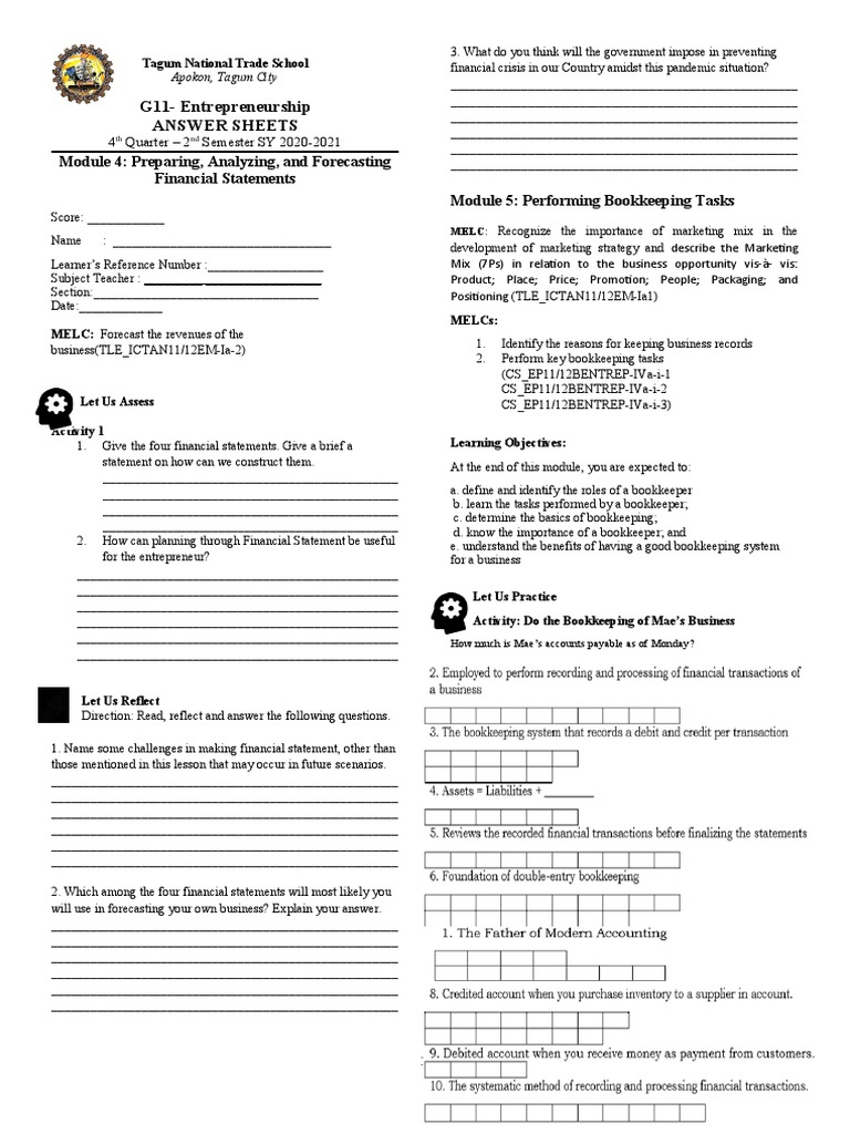 G11-Entrepreneurship Answer Sheets | PDF | Entrepreneurship | Communication
