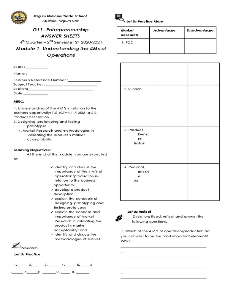 G11-Entrepreneurship Answer Sheets Module 1: Understanding The 4Ms of ...