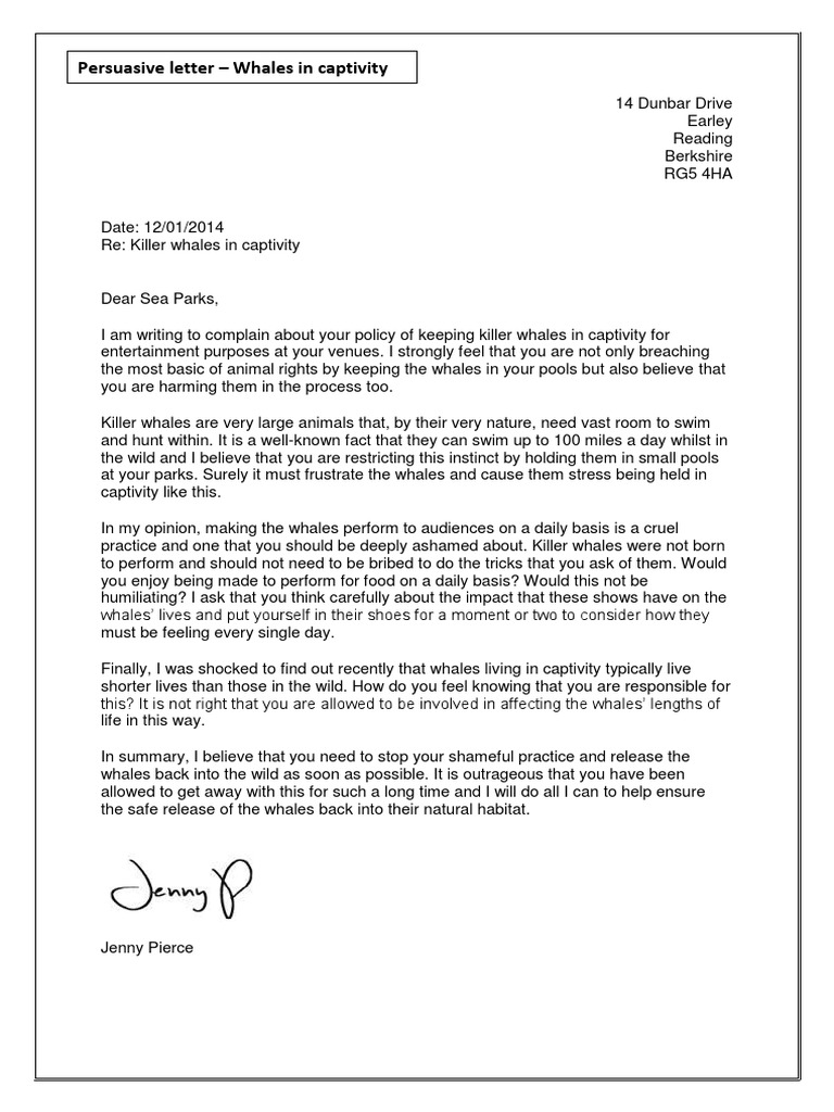Persuasive Letter - Whales in Captivity | PDF | Whales | Killer Whale