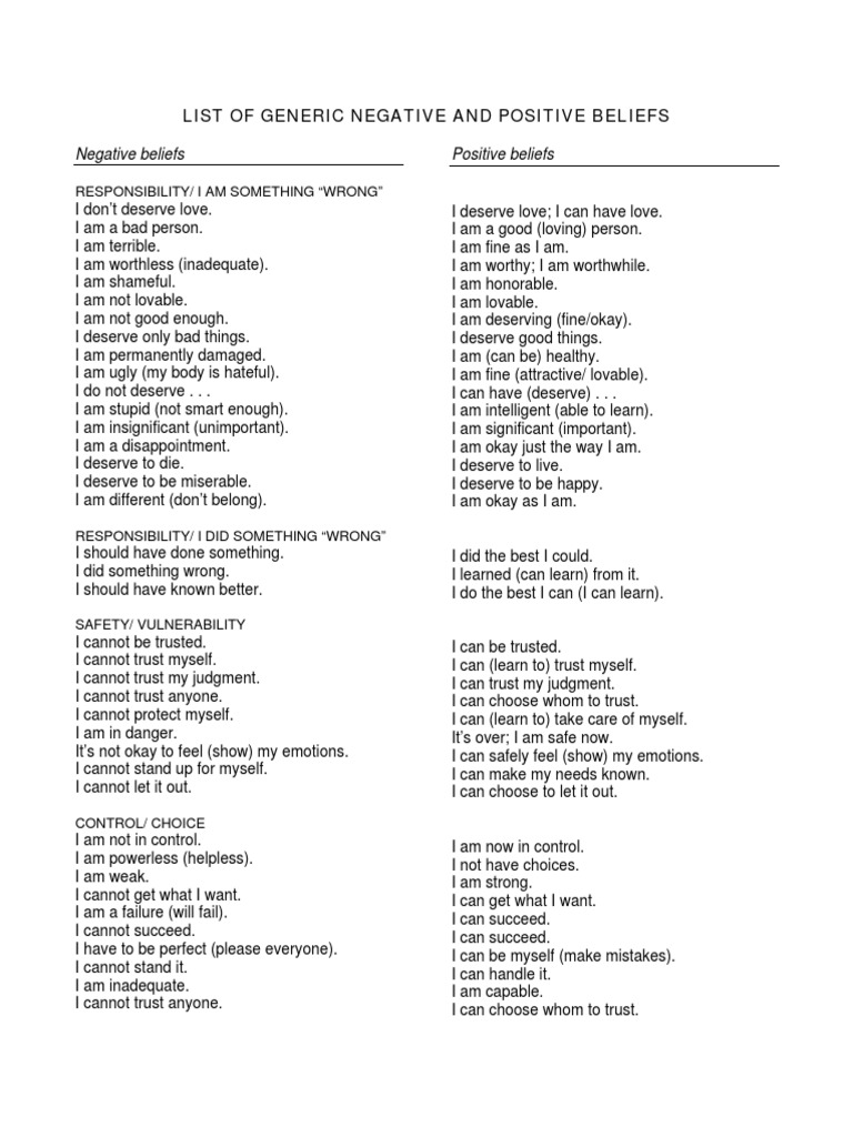 List of generic negative and positive beliefs | PDF | Human Nature ...