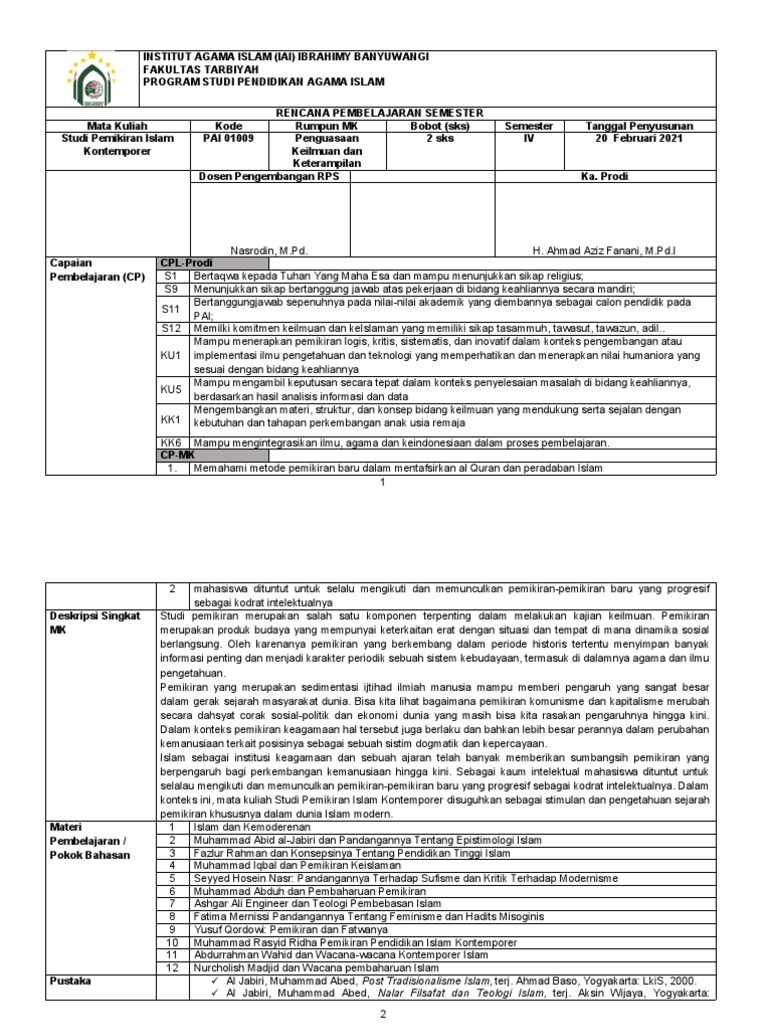 RPS Studi Pemikiran Islam Kontemporer | PDF