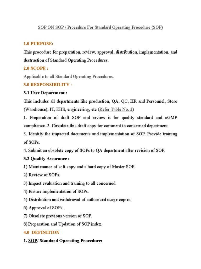 SOP ON SOP Procedure For Standard Operating Procedure (SOP) | PDF ...