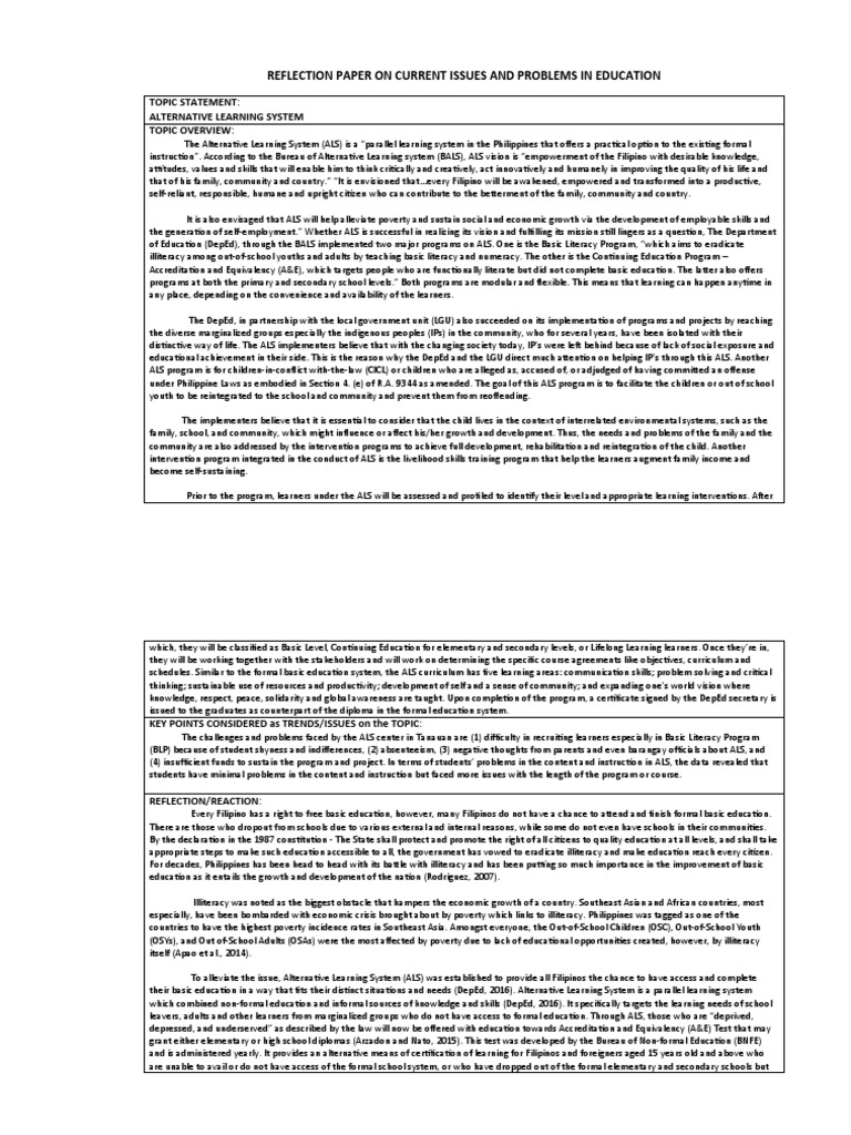 ALS Reflection on Education Issues | PDF | Literacy | Learning