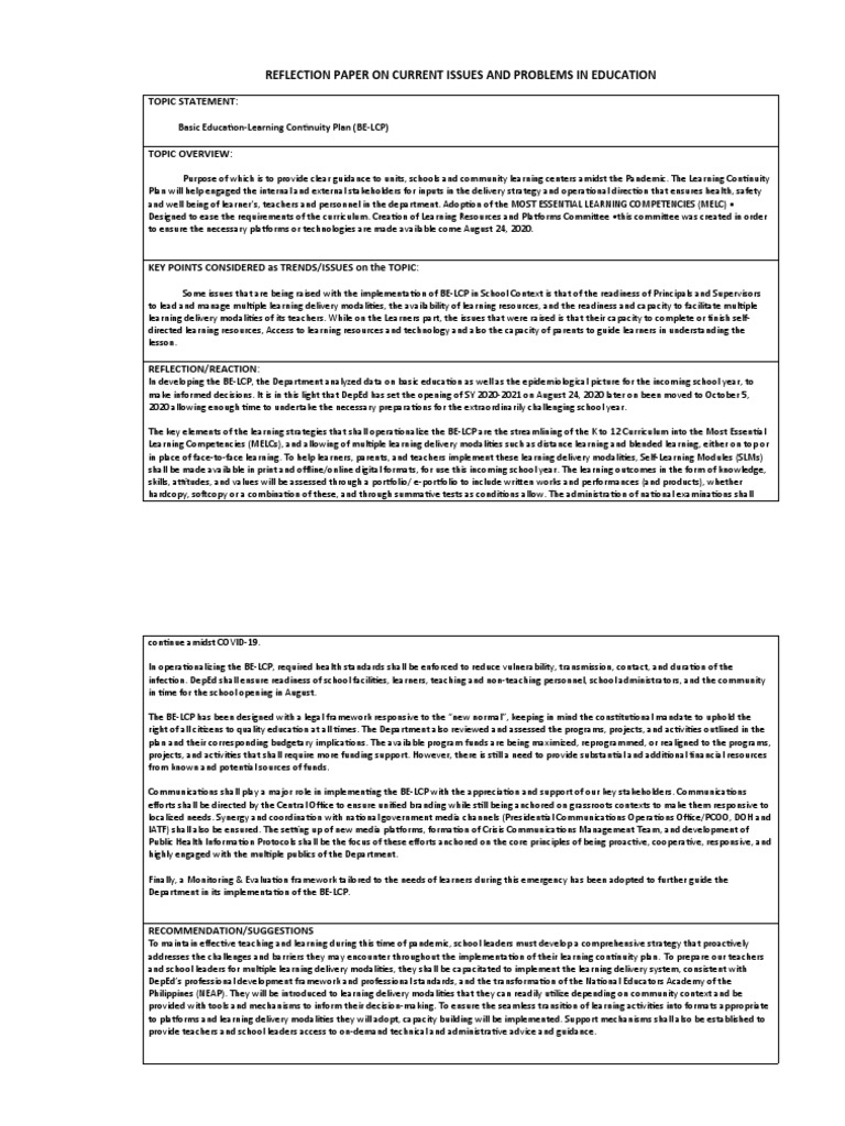 Reflection Paper BE LCP GONZALES ARNAGERLIE | PDF | Learning | Curriculum