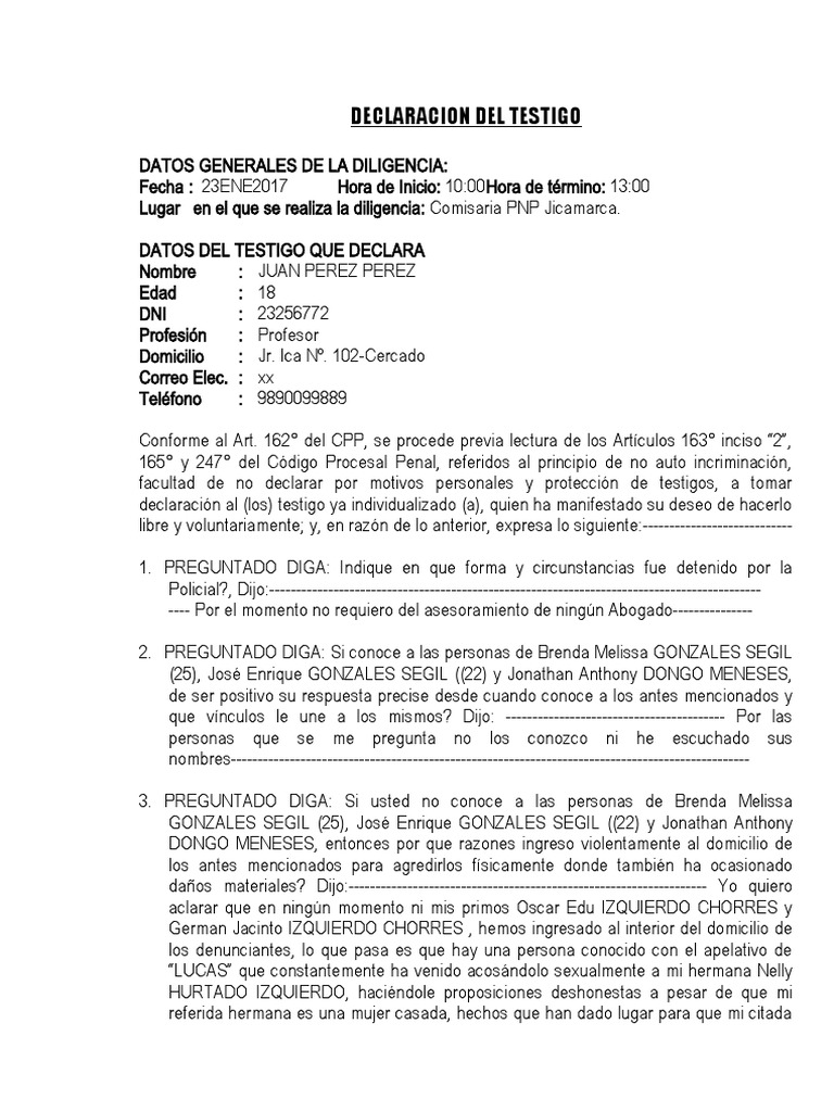 Declaracion Testigo Pdf Violencia