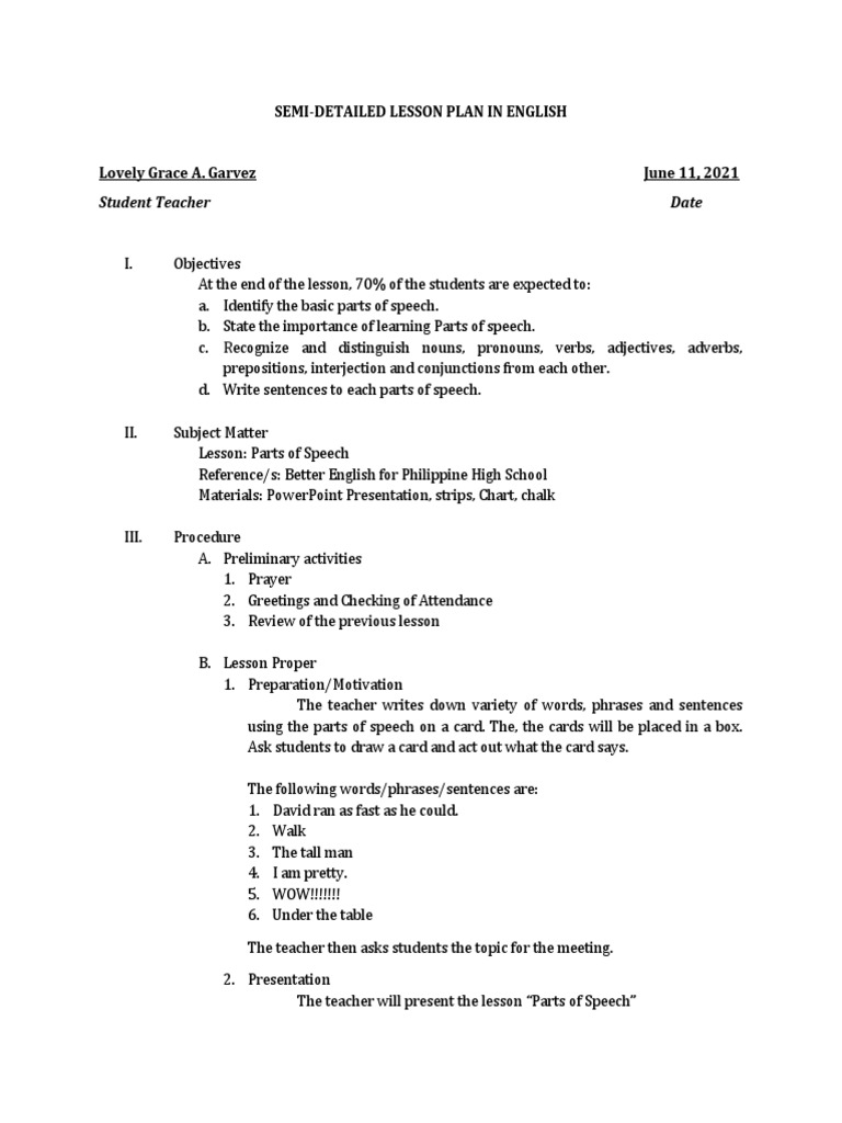 Lesson Plan 3 - Parts of Speech | PDF | Part Of Speech | Adverb