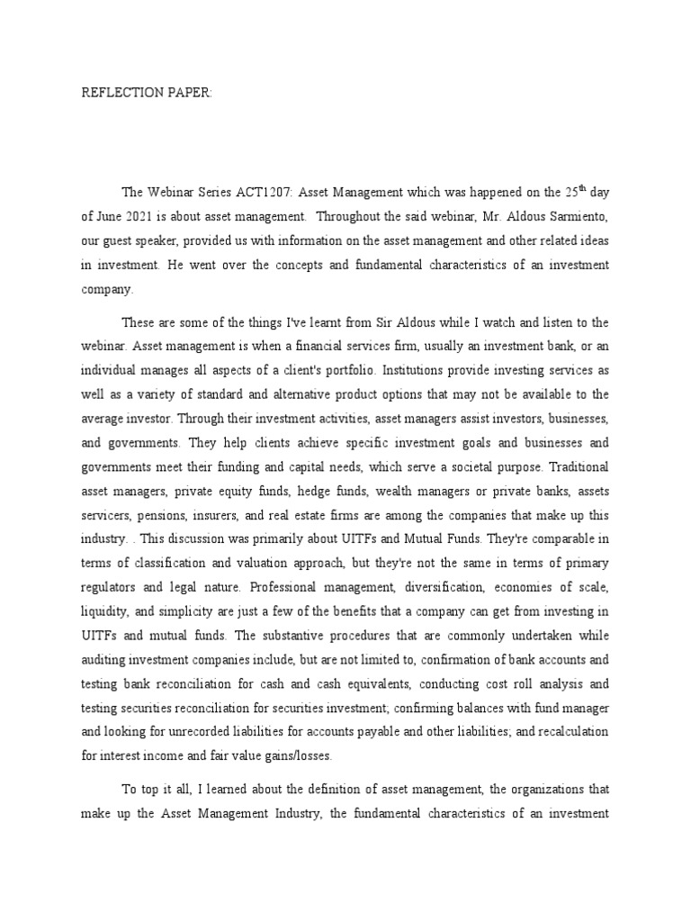 Reflection#4 - Asset Management | PDF | Investing | Mutual Funds