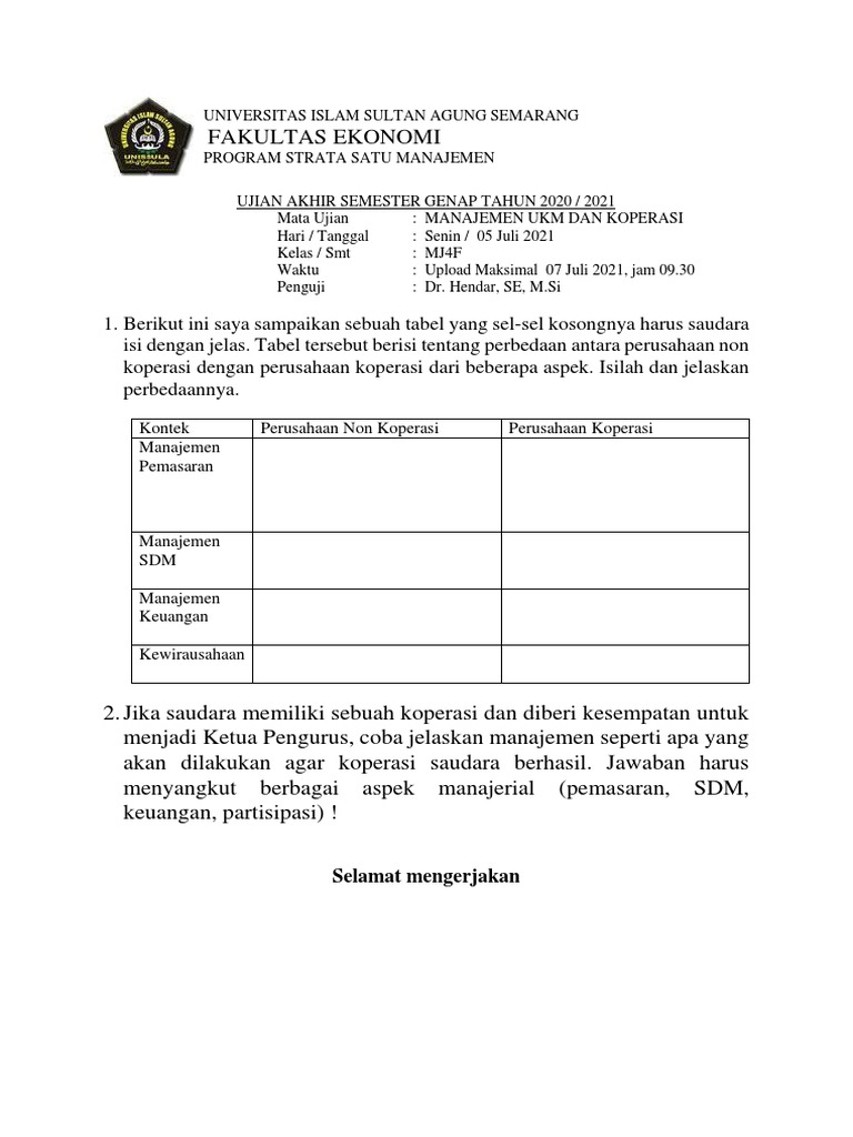 Soal UAS Manajemen UKM Dan Koperasi MJ4F | PDF