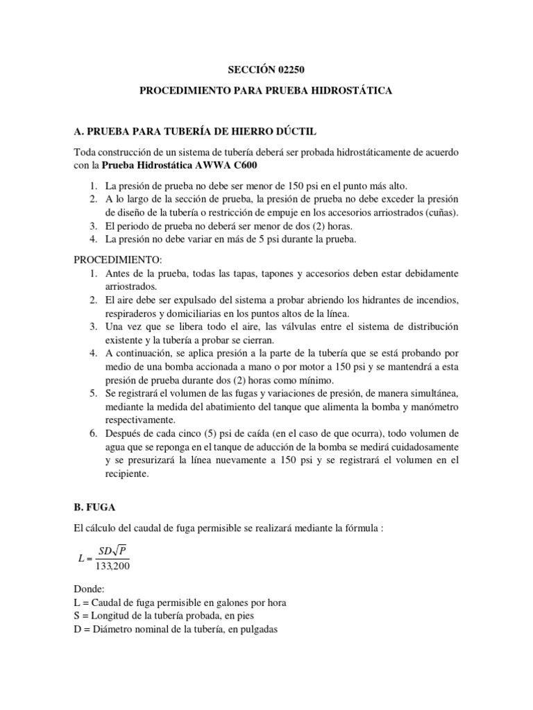 Prueba Hidrostática AWWA C600 | PDF | Presión | Bomba
