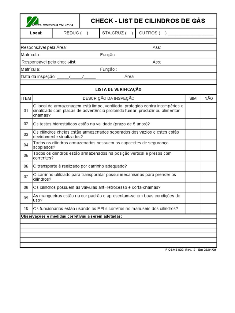 F QSMS 032 Rev 2 - Check List de Cilindros de Gás | PDF
