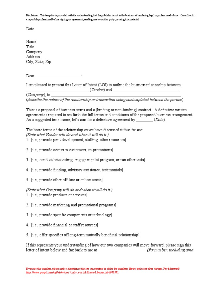 Letter of Intent Template for Outlining a Proposed Business ...