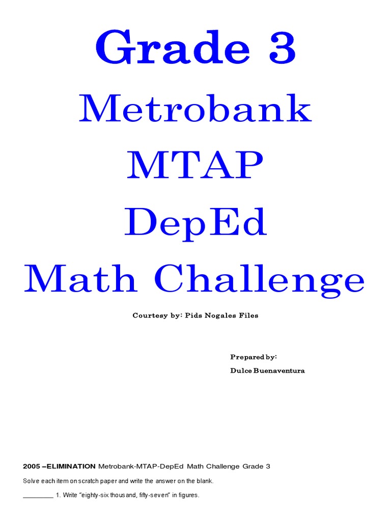 Metrobank Mtap Deped Math Challenge: Grade 3 | PDF | Odds | Elementary ...