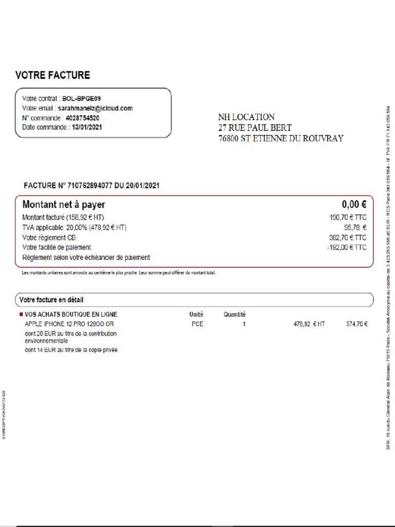 Facture Iphone 12 or NH LOCATION | PDF
