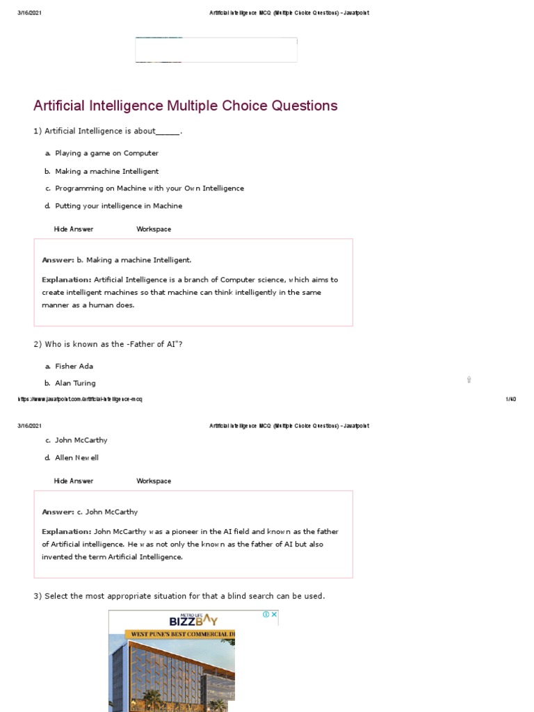 Artificial Intelligence Multiple Choice Questions | PDF | Artificial ...