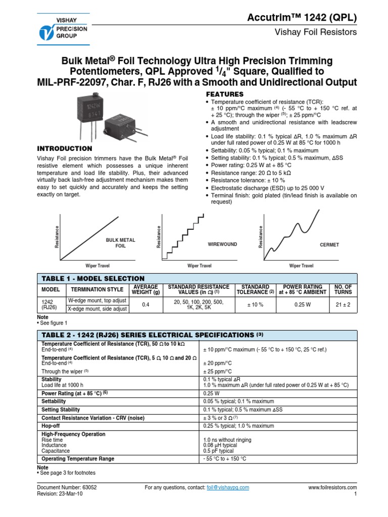 Accutrim™ 1242 (QPL) : Vishay Foil Resistors | PDF | Resistor ...