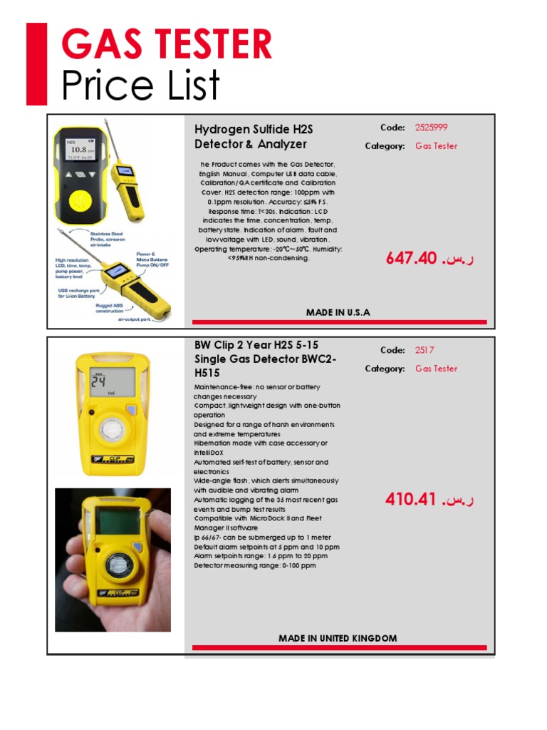 Price List: Gas Tester | PDF | Sensor | Equipment