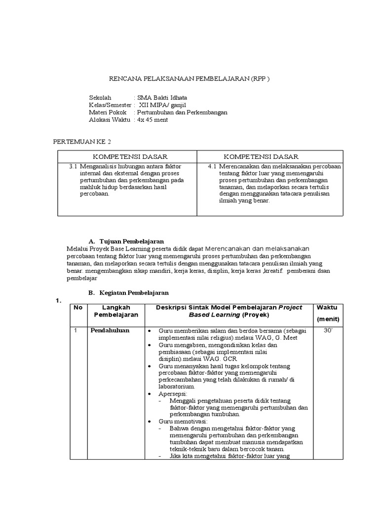Contoh RPP Project Base Learning (Proyek) | PDF | Kesehatan Holistik ...