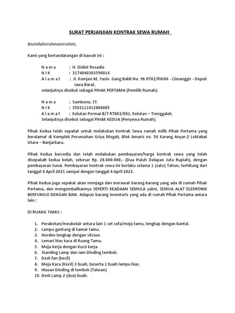 Surat Perjanjian Kontrak Sewa Rumah Pdf