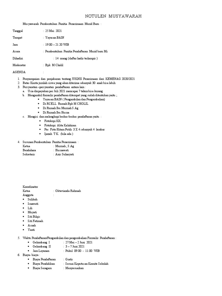 Notulen Musyawarah PPDB Mi 2021 | PDF