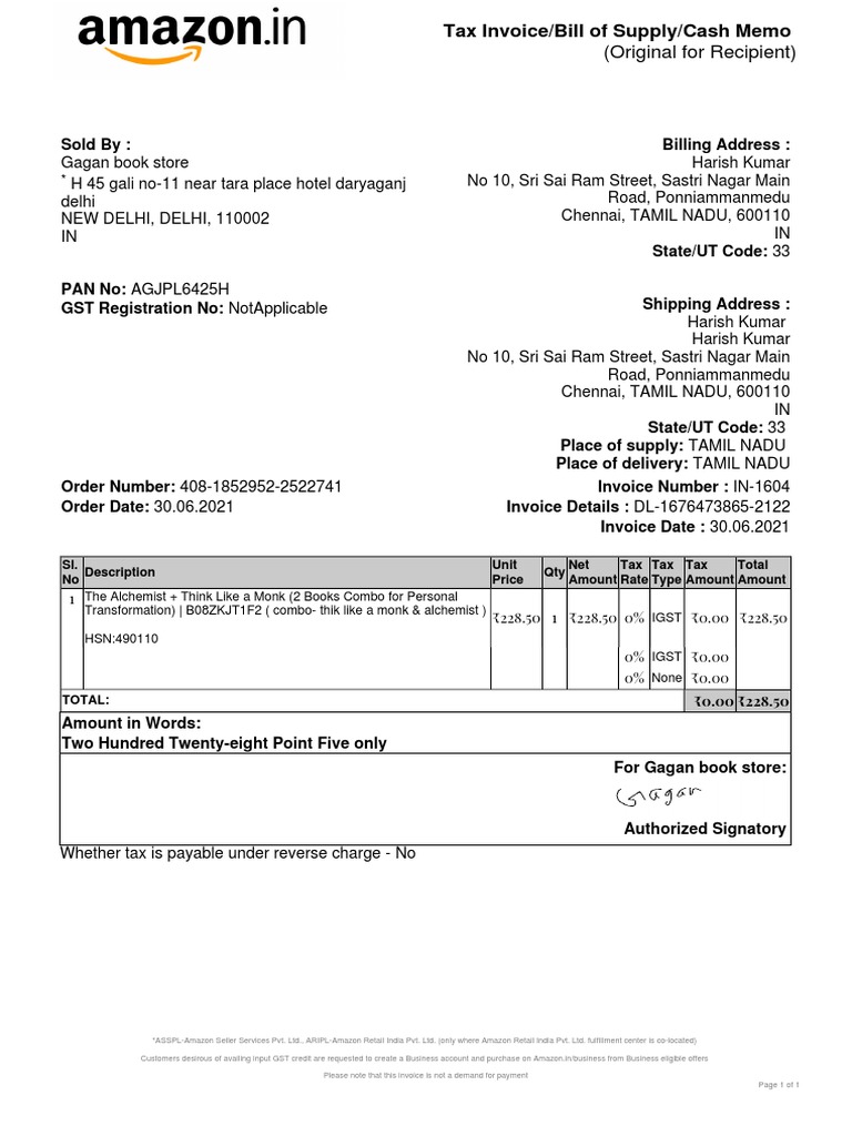Tax Invoice/Bill of Supply/Cash Memo: (Original For Recipient) | PDF ...