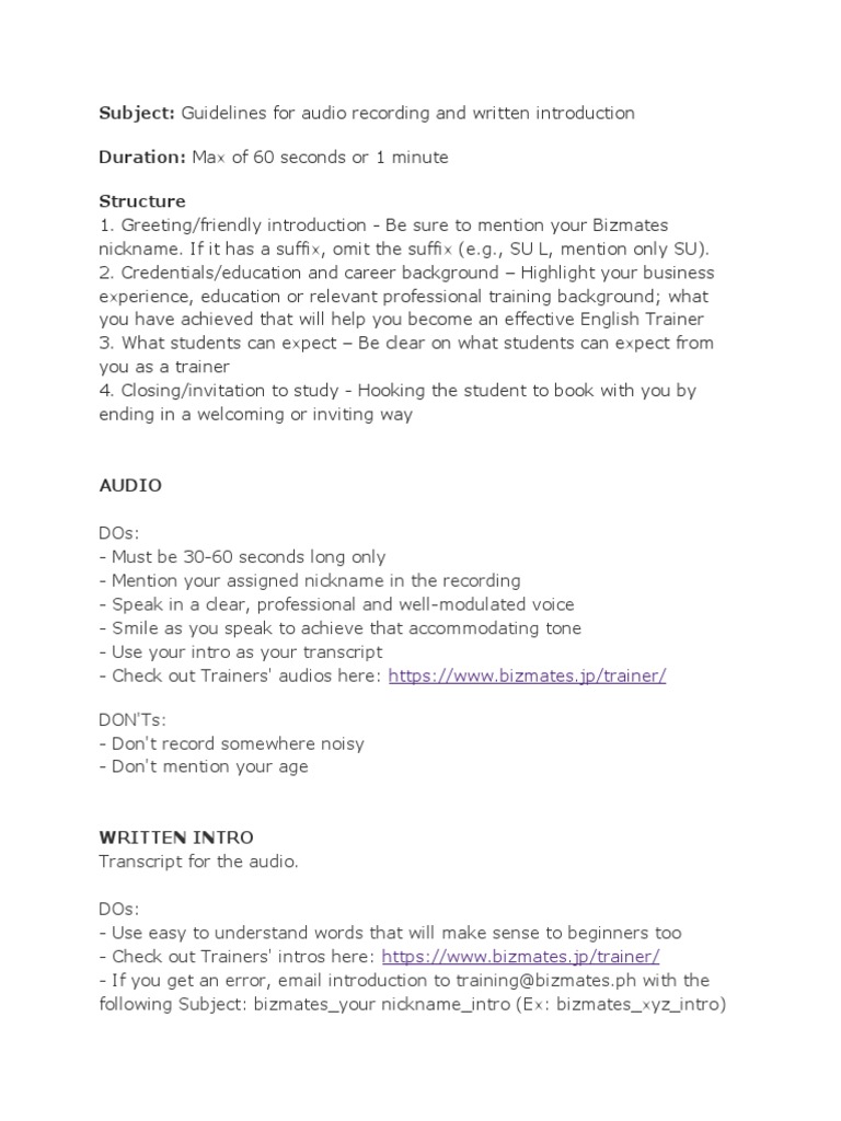 Guidelines For Audio Recording and Written Introduction | PDF ...