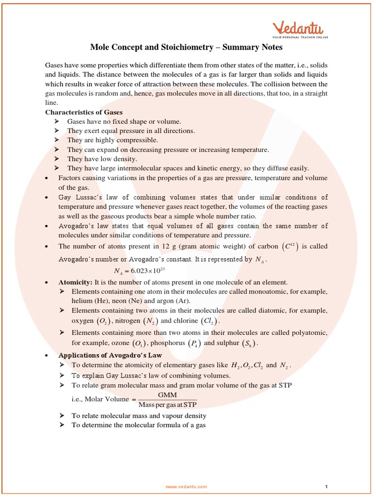 Mole Concept and Stoichiometry - Summary Notes: Characteristics of ...