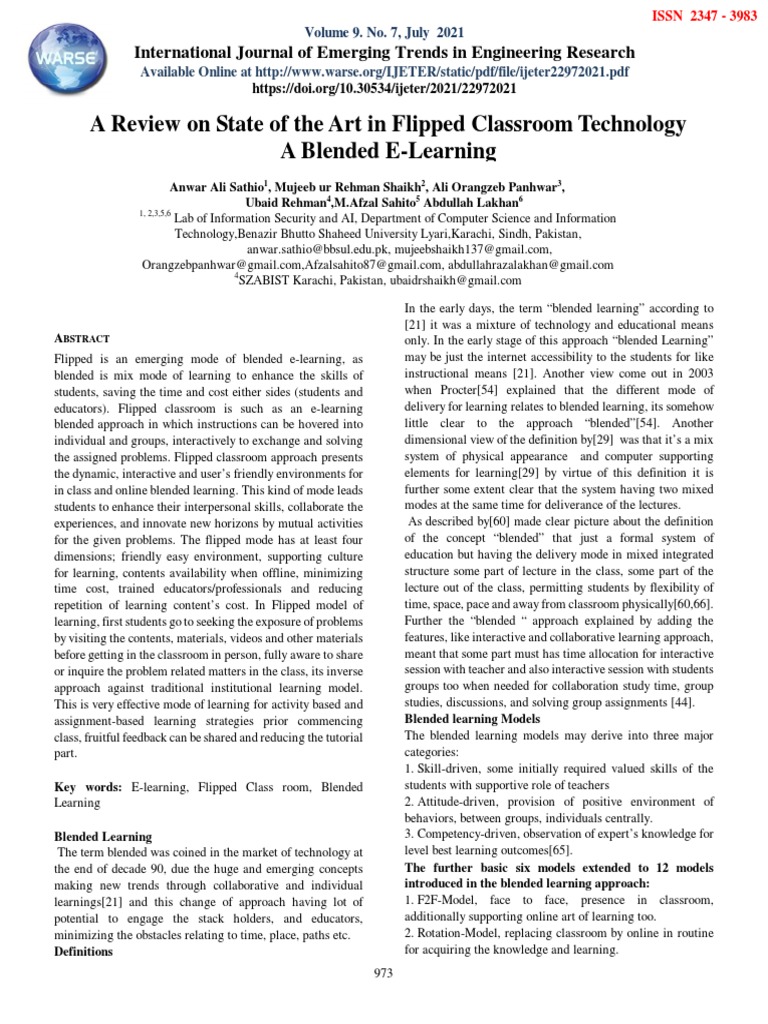 A Review On State of The Art in Flipped Classroom Technology A Blended E-Learning | PDF ...