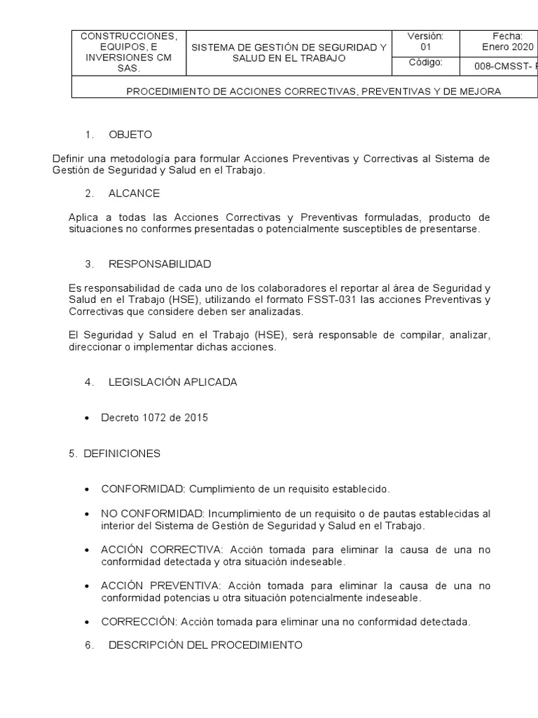 008-CMSST - P Procedimiento de Acciones Correctivas y Preventivas | PDF ...