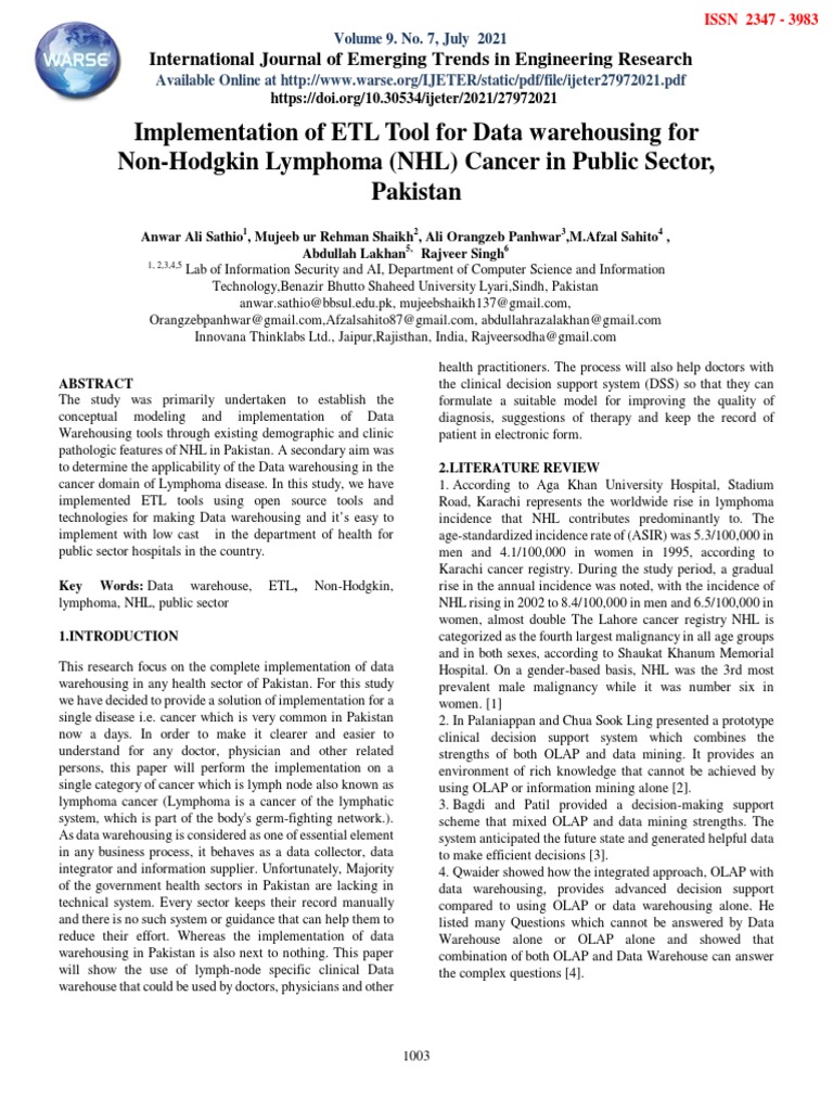 Implementation of ETL Tool For Data Warehousing For Non-Hodgkin ...