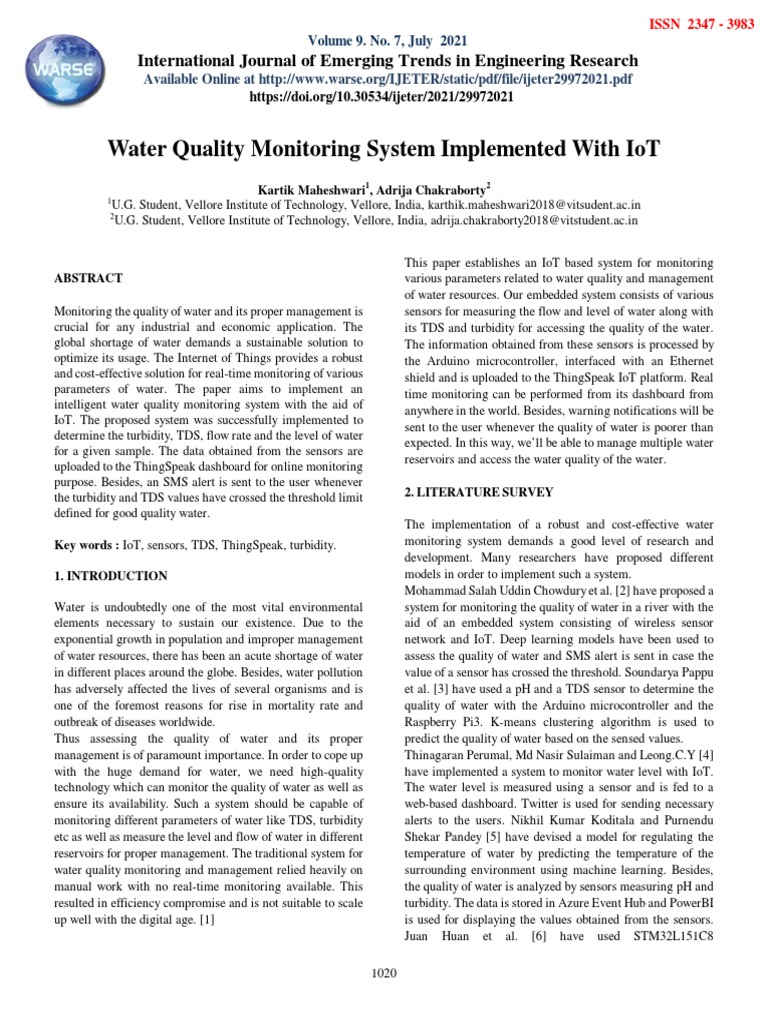 Water Quality Monitoring System Implemented With IoT | PDF | Internet ...