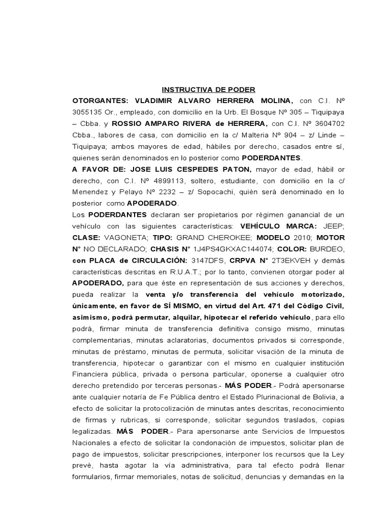Instructiva de Poder Venta Consigo Mismo Vehículo | PDF | Gobierno | Justicia