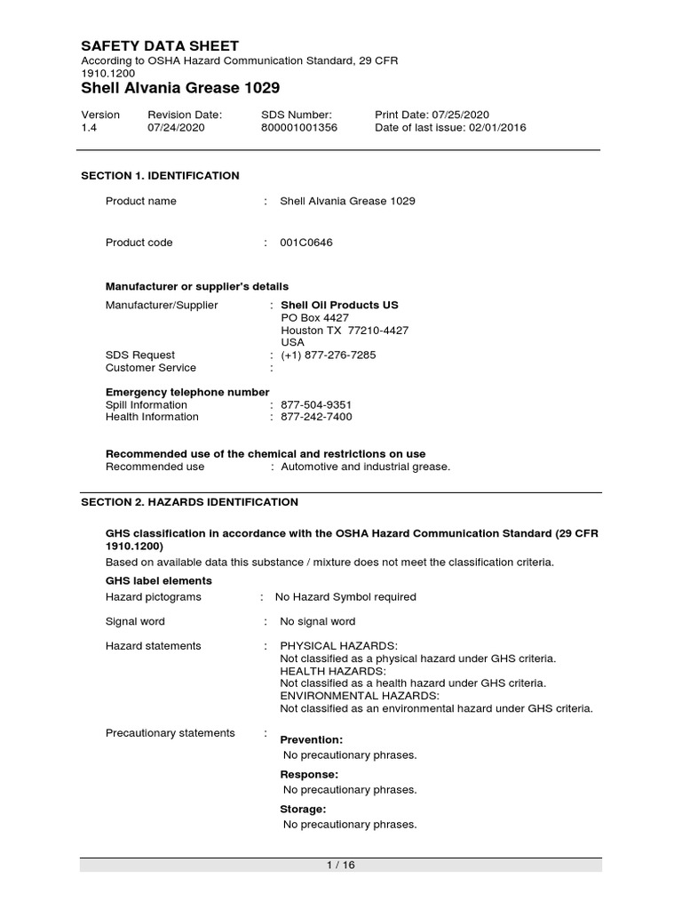 Shell Alvania Grease 1029: Safety Data Sheet | PDF | Occupational ...