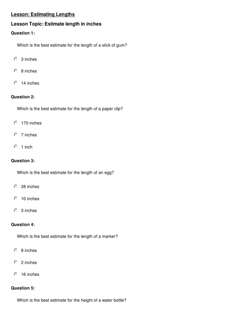 Lesson: Estimating Lengths Lesson Topic: Estimate Length in Inches ...