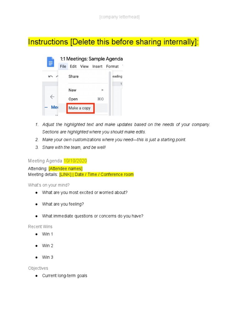 One On One Meetings With Employees Agenda Template | PDF | Career ...