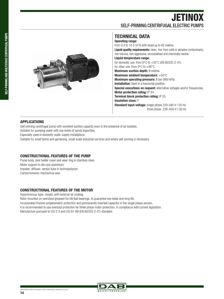Jetinox: Technical Data | PDF | Pump | Electric Motor