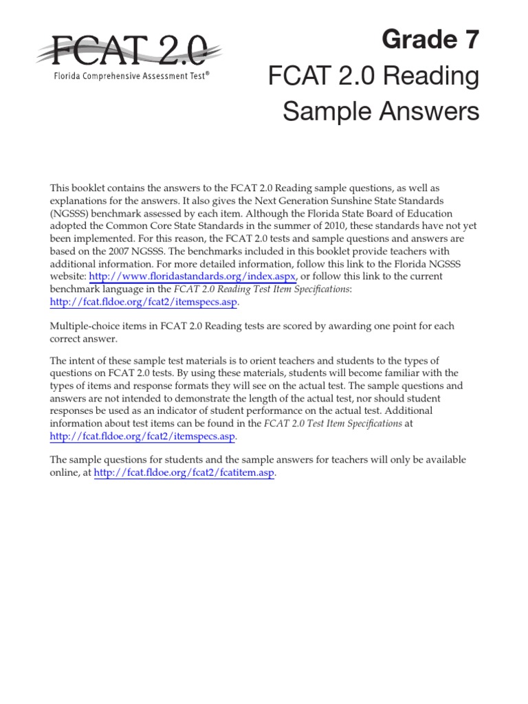 FCAT 2.0 Reading Sample Answers: Grade 7 | PDF | Copyright | Science