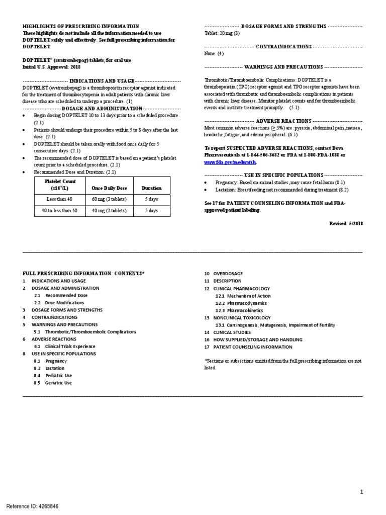 Thrombocyopenia Doptelet Avarombopag | PDF | Dose (Biochemistry ...