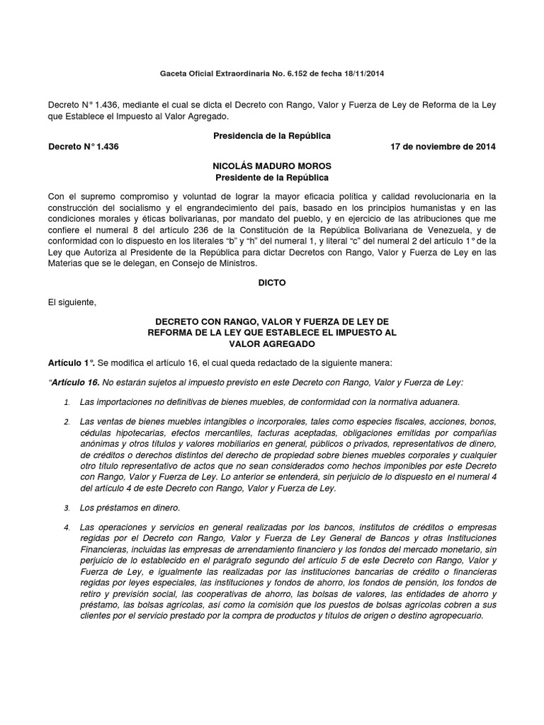 Decreto 1436 Reforma Ley Del IVA 18-11-14 | PDF | Impuestos | Seguro