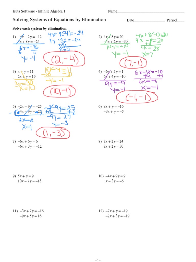 Solving Systems by Elimination Worksheet | PDF | Equations ...