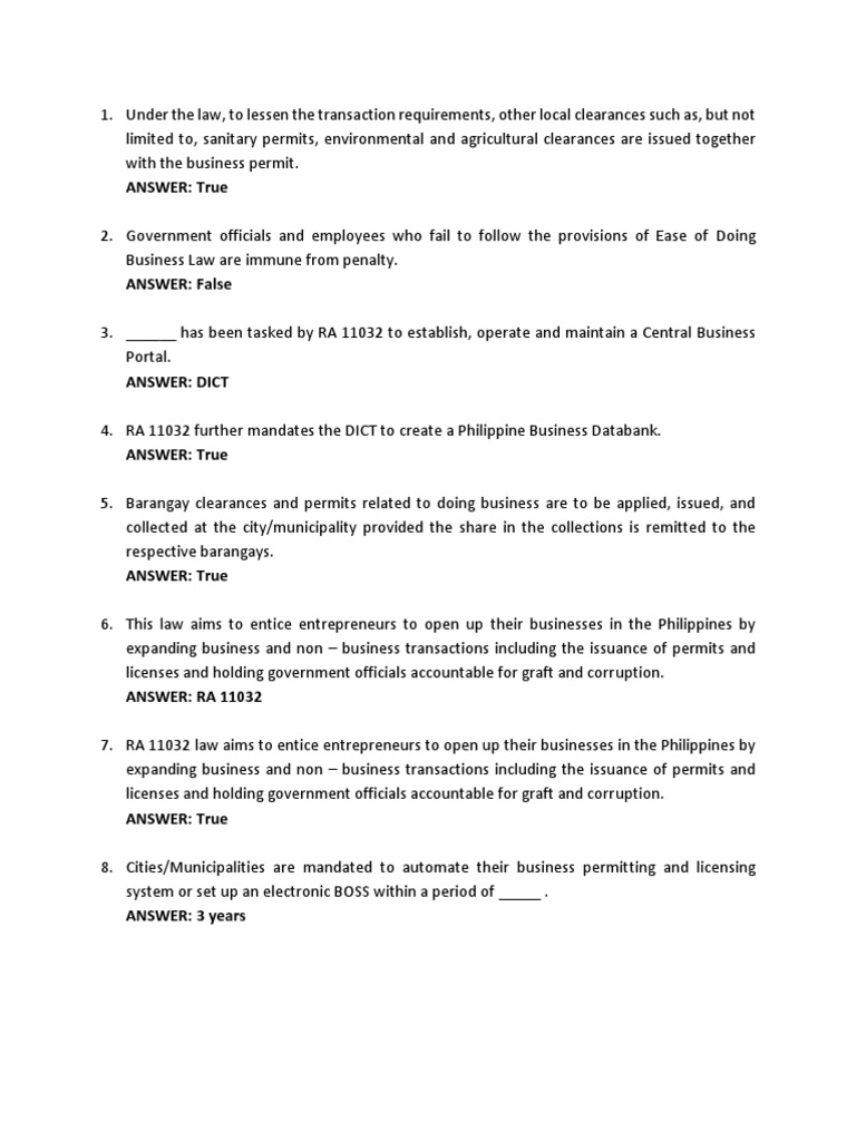 Ease of Doing Business Law Quiz | PDF | Corporate Law | Business