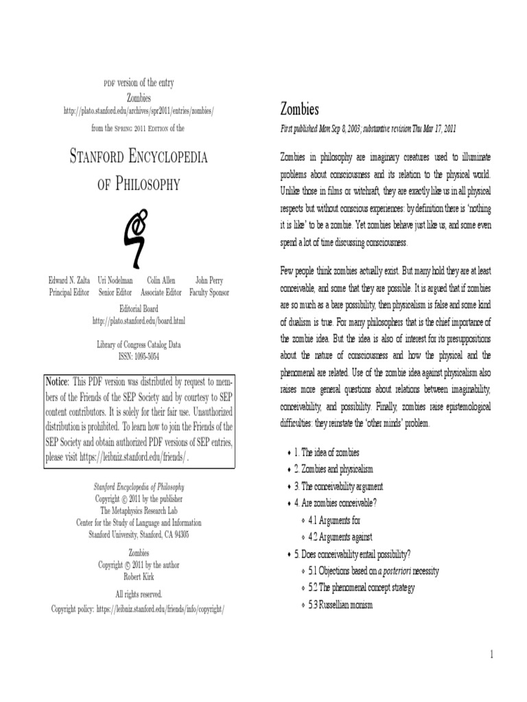 Stanford Encyclopedia of Philosophy: Zombies | PDF | Qualia | Consciousness